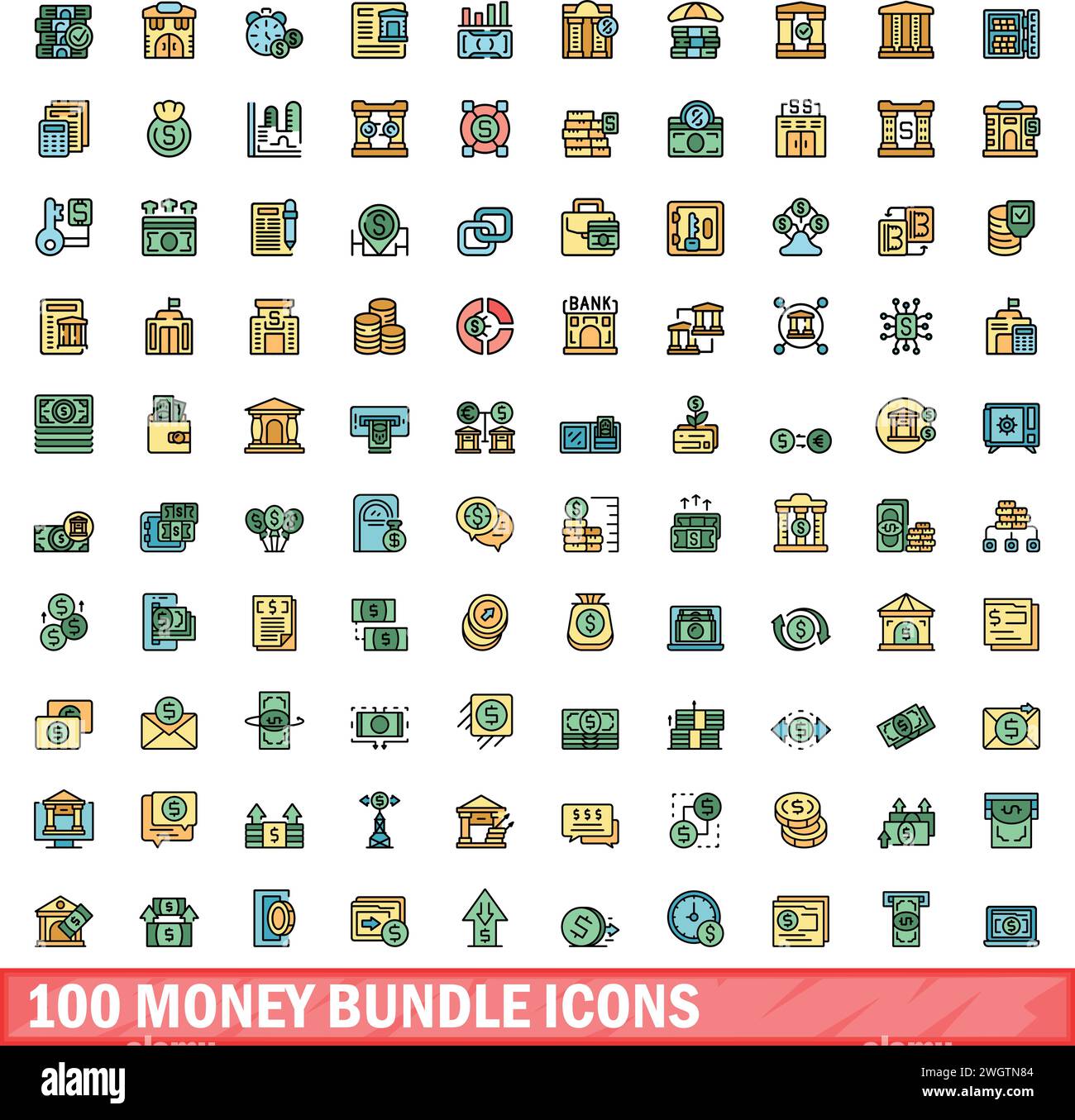 100 money bundle icons set. Color line set of money bundle vector icons ...