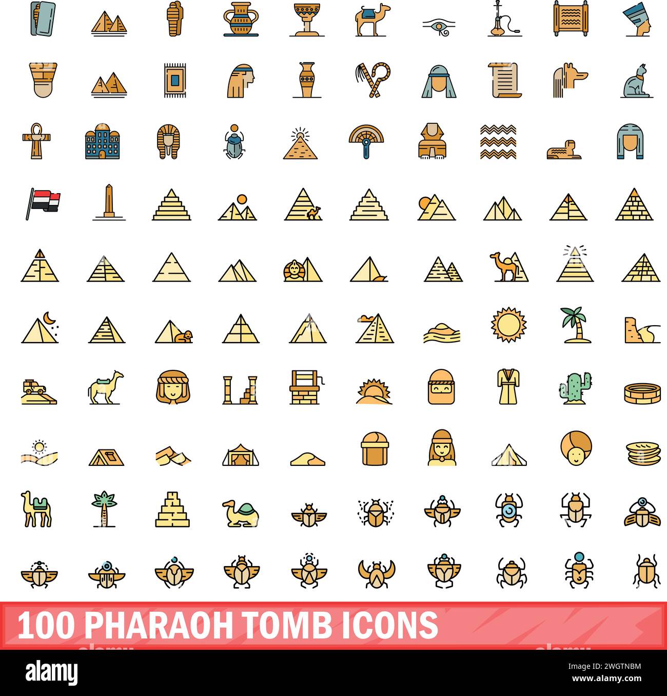100 pharaoh tomb icons set. Color line set of pharaoh tomb vector icons thin line color flat on ...