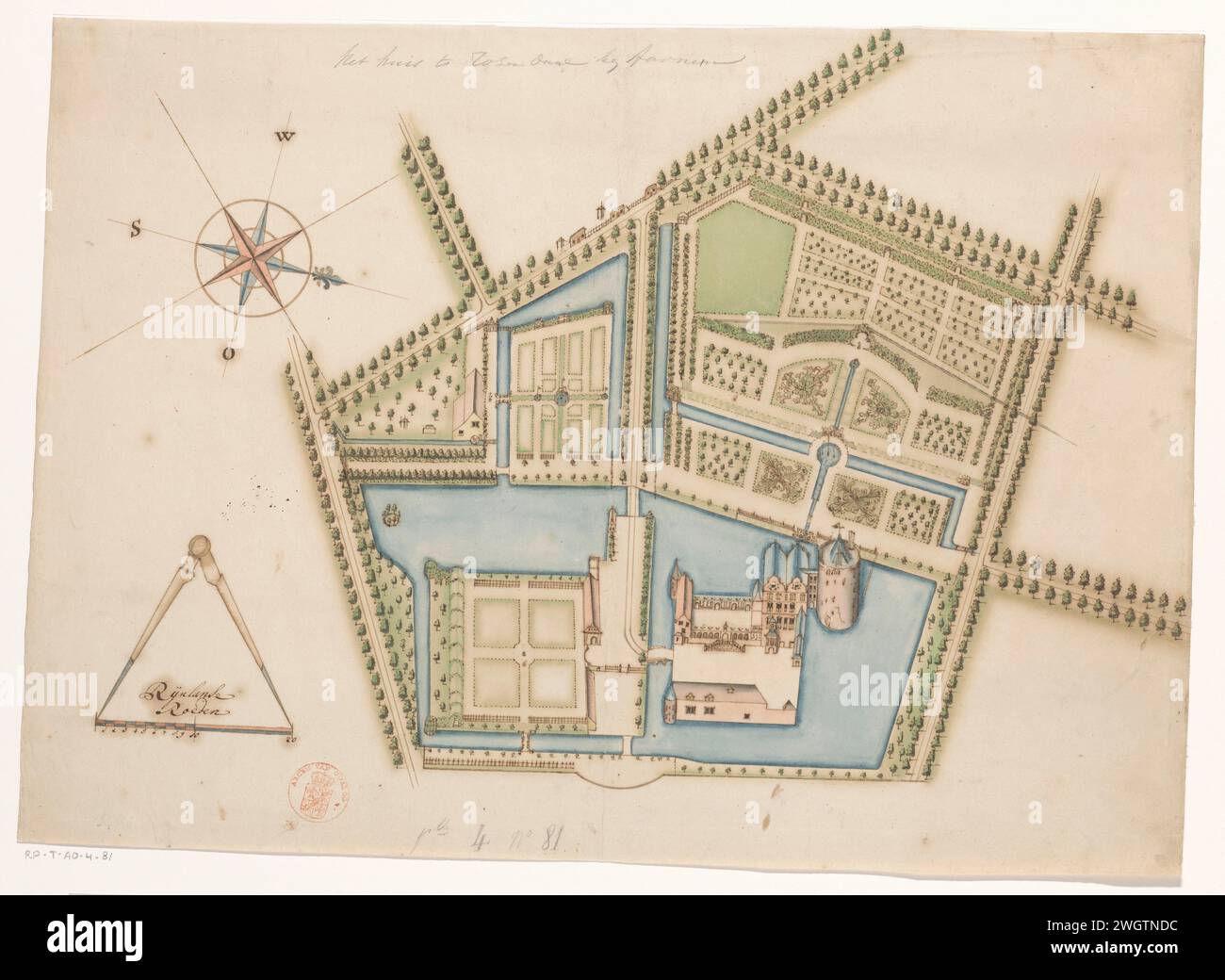 Map of Rosendael Castle, Anonymous, c. 1650 - Before 1722 drawing Map of the castle and the ...