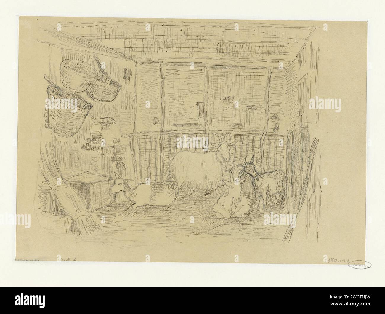 Interior of a stable with goats, Jozef Israëls, 1834 - 1911 drawing ...