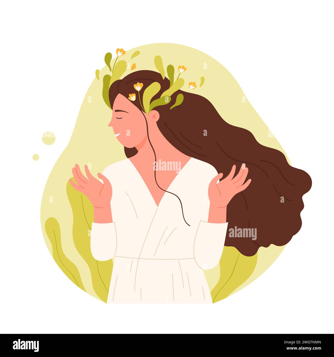 Beautiful girl with positive attitude. Woman with green flower on head ...