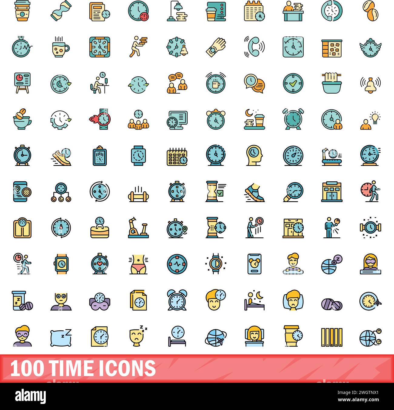 100 time icons set. Color line set of time vector icons thin line color ...