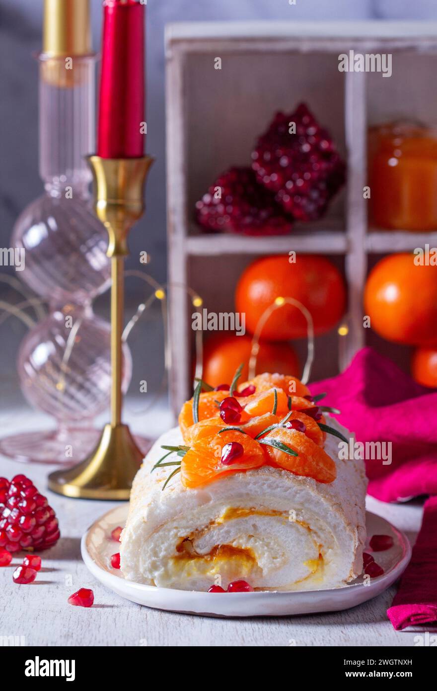 Meringue roll filled with mascarpone, cream and tangerine jam ...