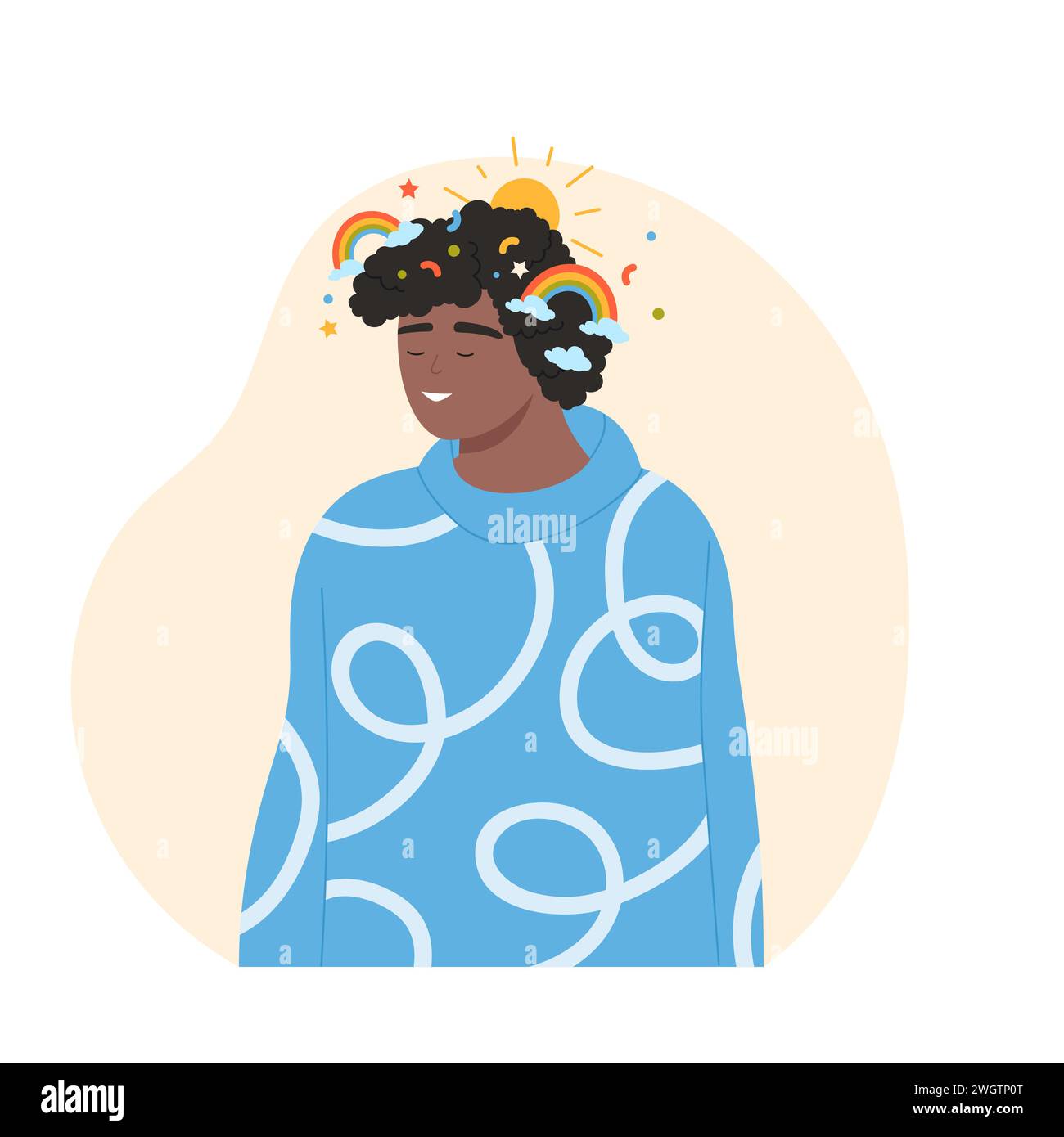 Boy with positive thinking rainbow. Colorful optimistic thoughts ...