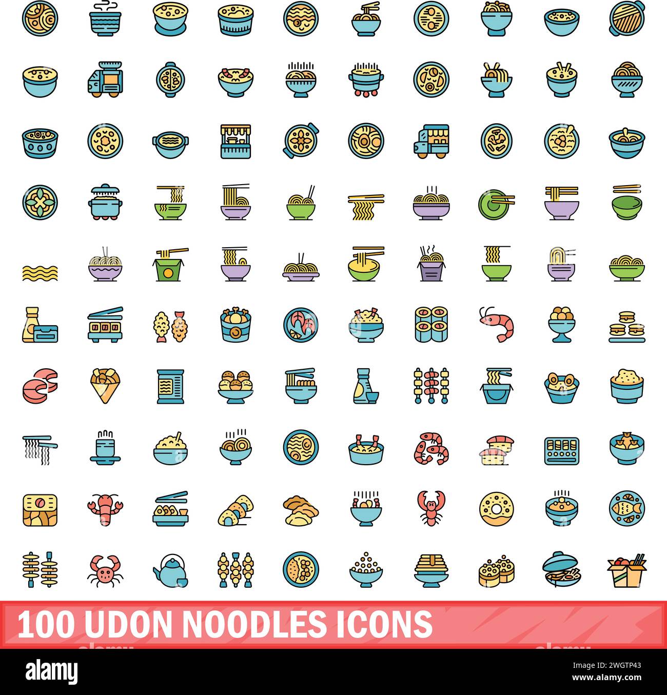 100 udon noodles icons set. Color line set of udon noodles vector icons ...