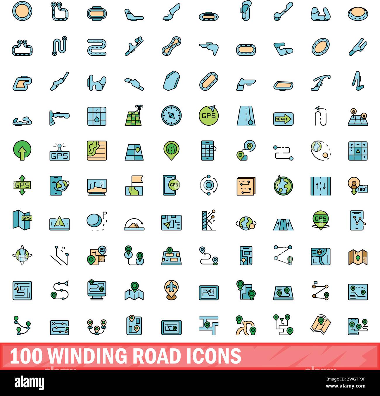 100 winding road icons set. Color line set of winding road vector icons ...