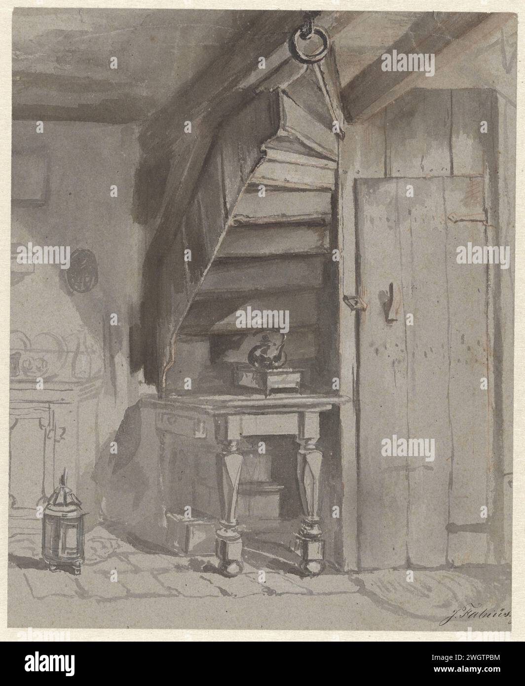 Interior with spiral staircase, Jan Fabius Czn, 1830 - 1889 drawing ...