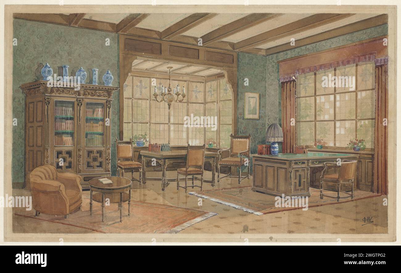 Interior with bookcase in Renaissance style, HK monogrammist (the ...