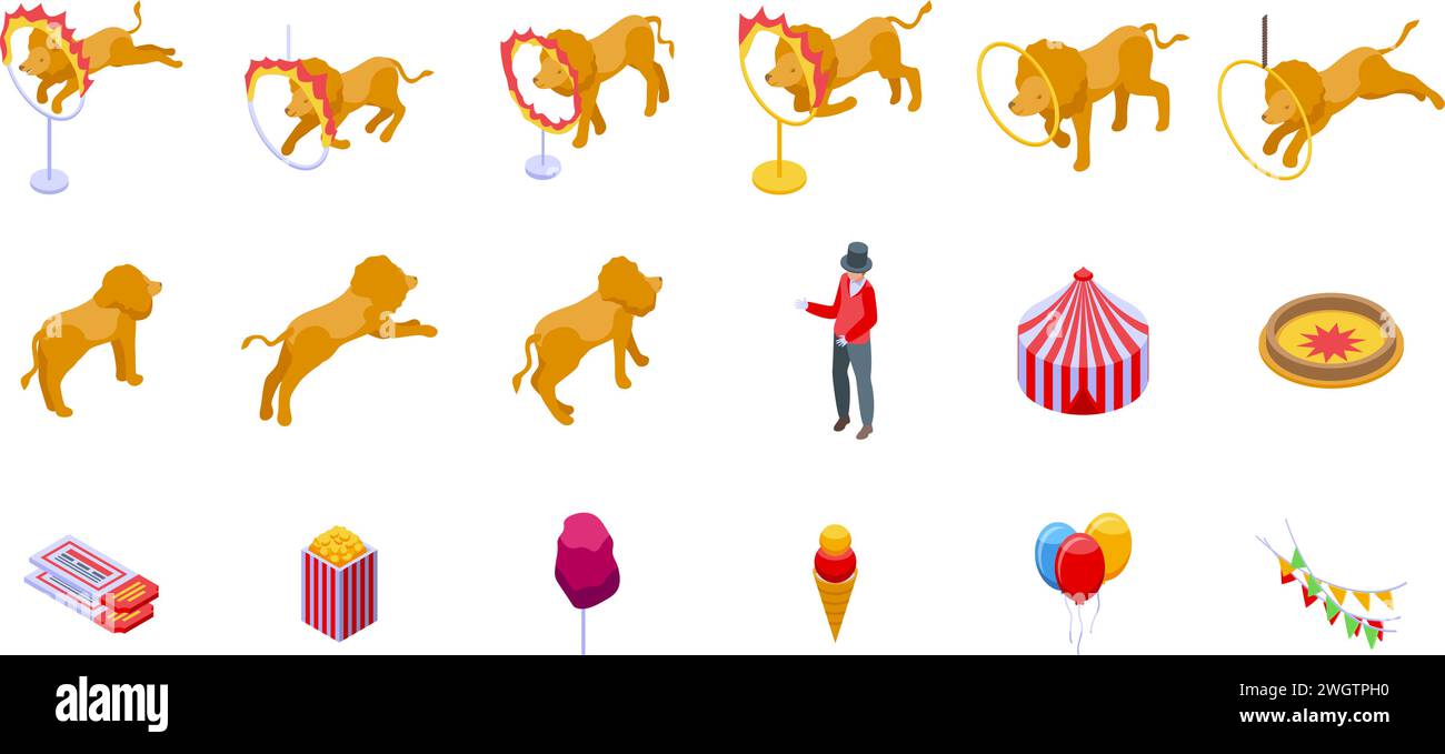 Lion fire performance icons set isometric vector. Animal acrobat ...