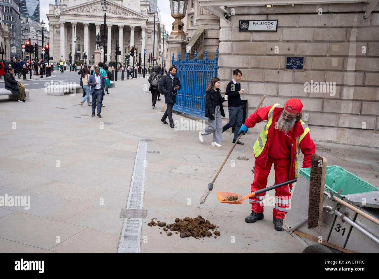 A street cleaner collects manure dropped by a City Police horse in the ...