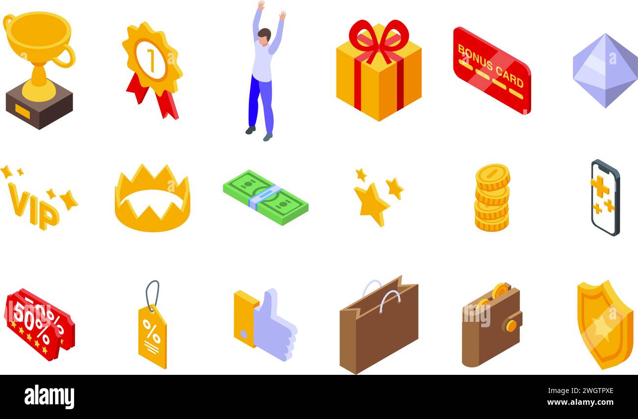 Exclusive benefits icons set isometric vector. Reward loyalty gift ...