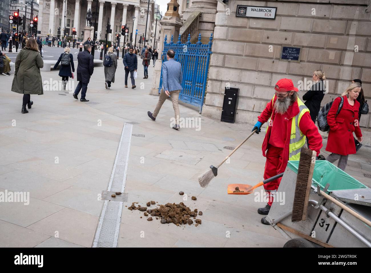 A street cleaner collects manure dropped by a City Police horse in the ...
