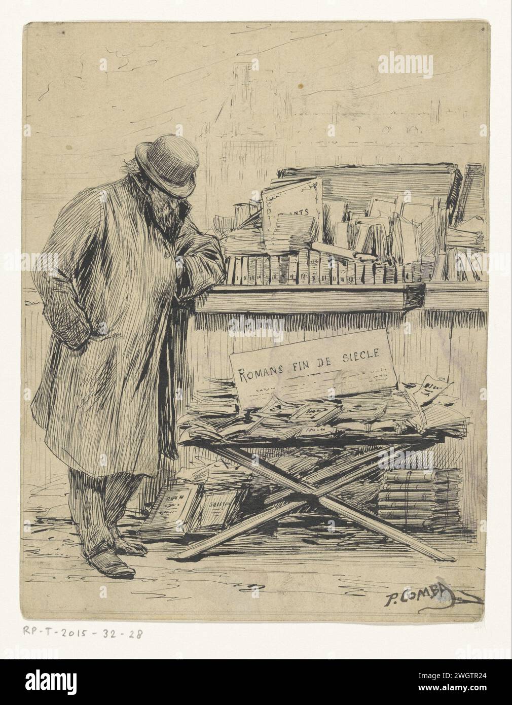 Bookseller next to his book stall on a quay, c. 1900 - 1934 drawing On ...