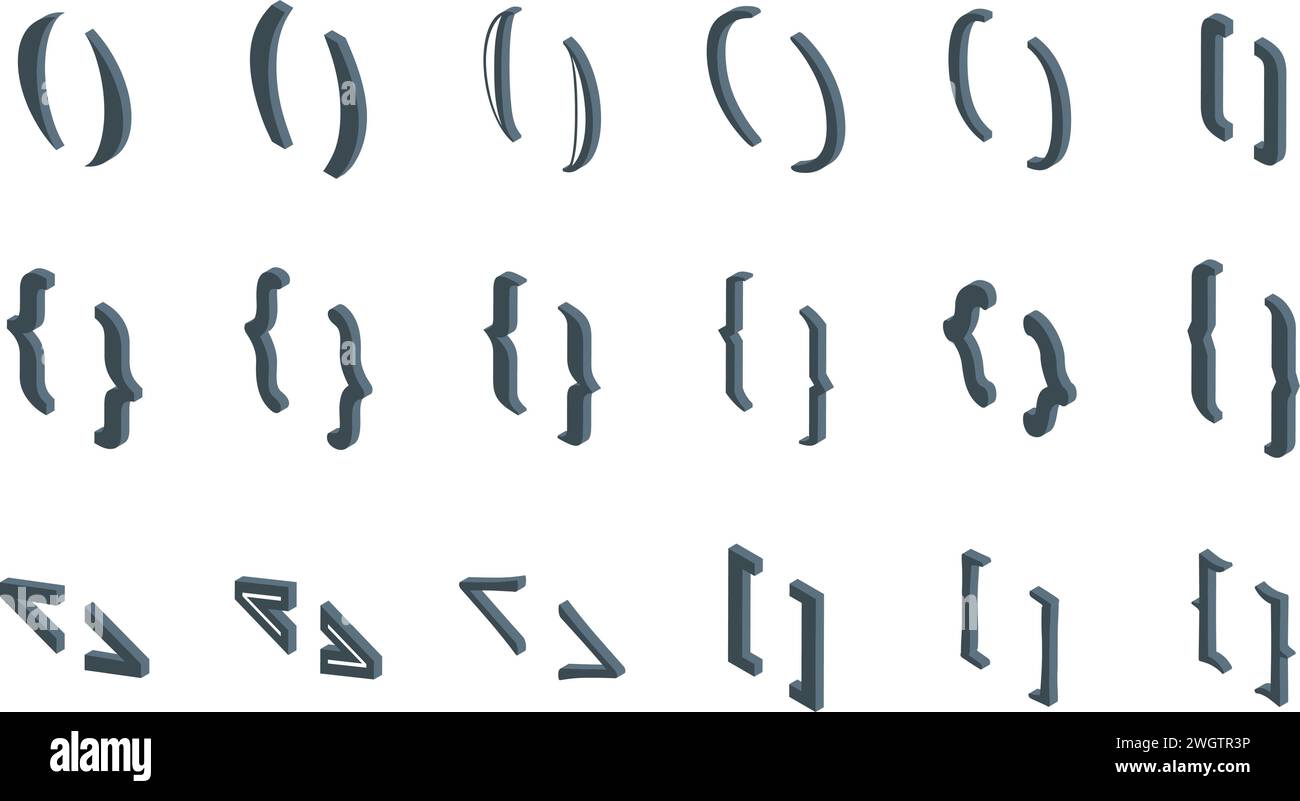 Bracket parenthesis icons set isometric vector. Open close curly. Text ...