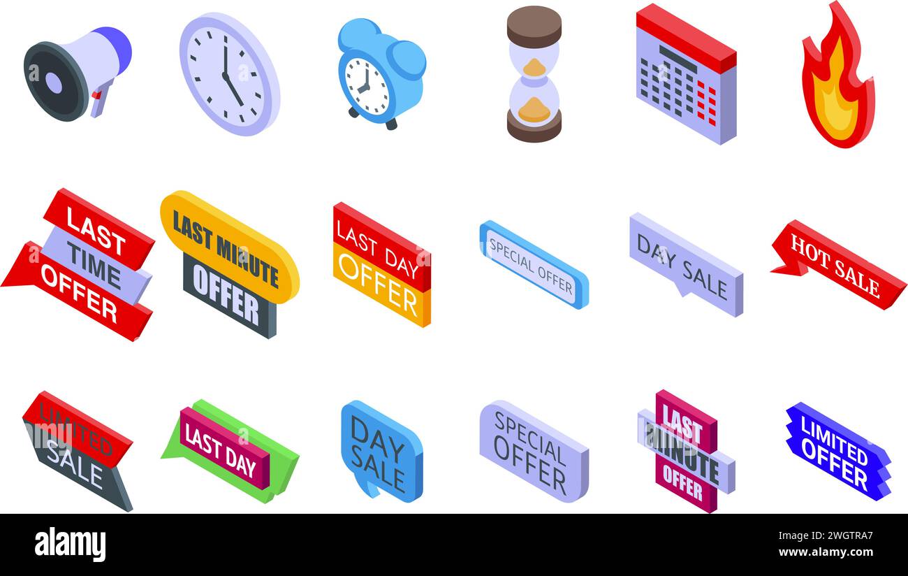 Last time offer icons set isometric vector. Sale flash hour. Date timer ...