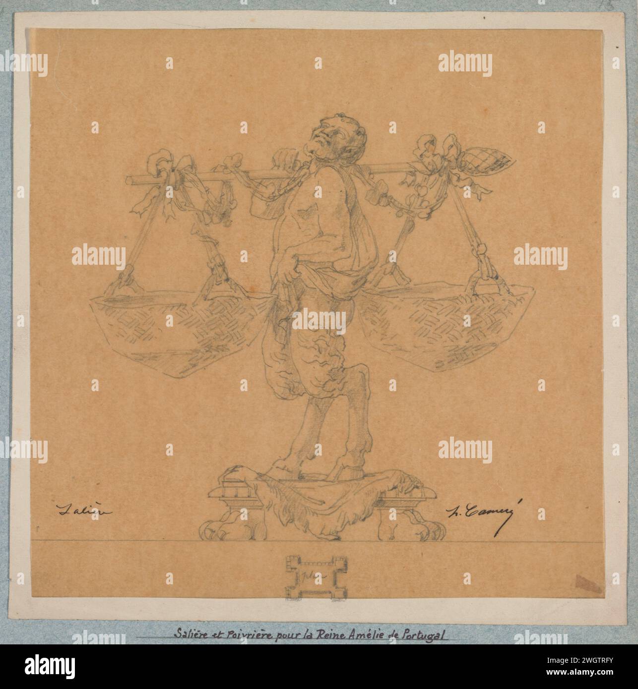 Design for salt barrel in the form of a Satyr wearing two baskets, with ...