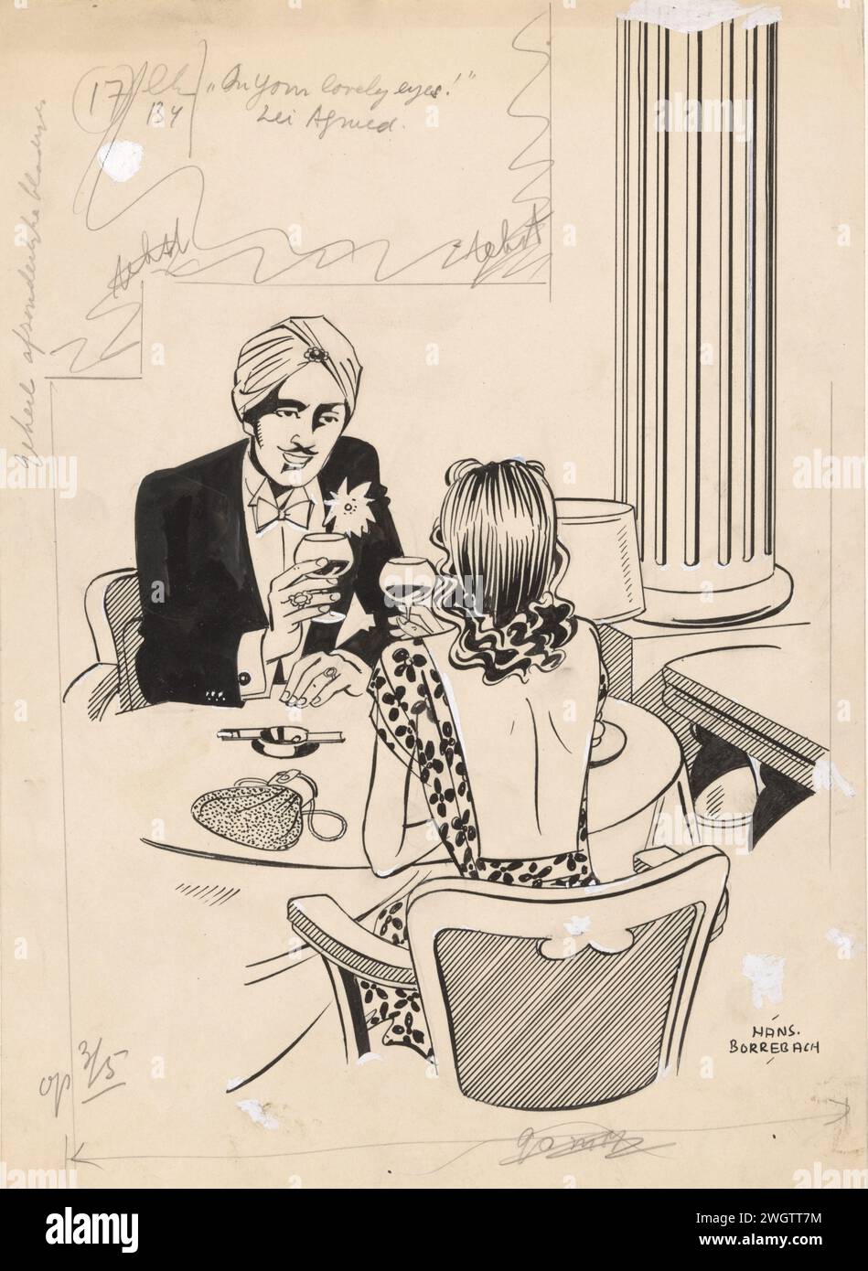AGMED brings a toast to Pepita, in or before 1948 drawing In a cafe or ...