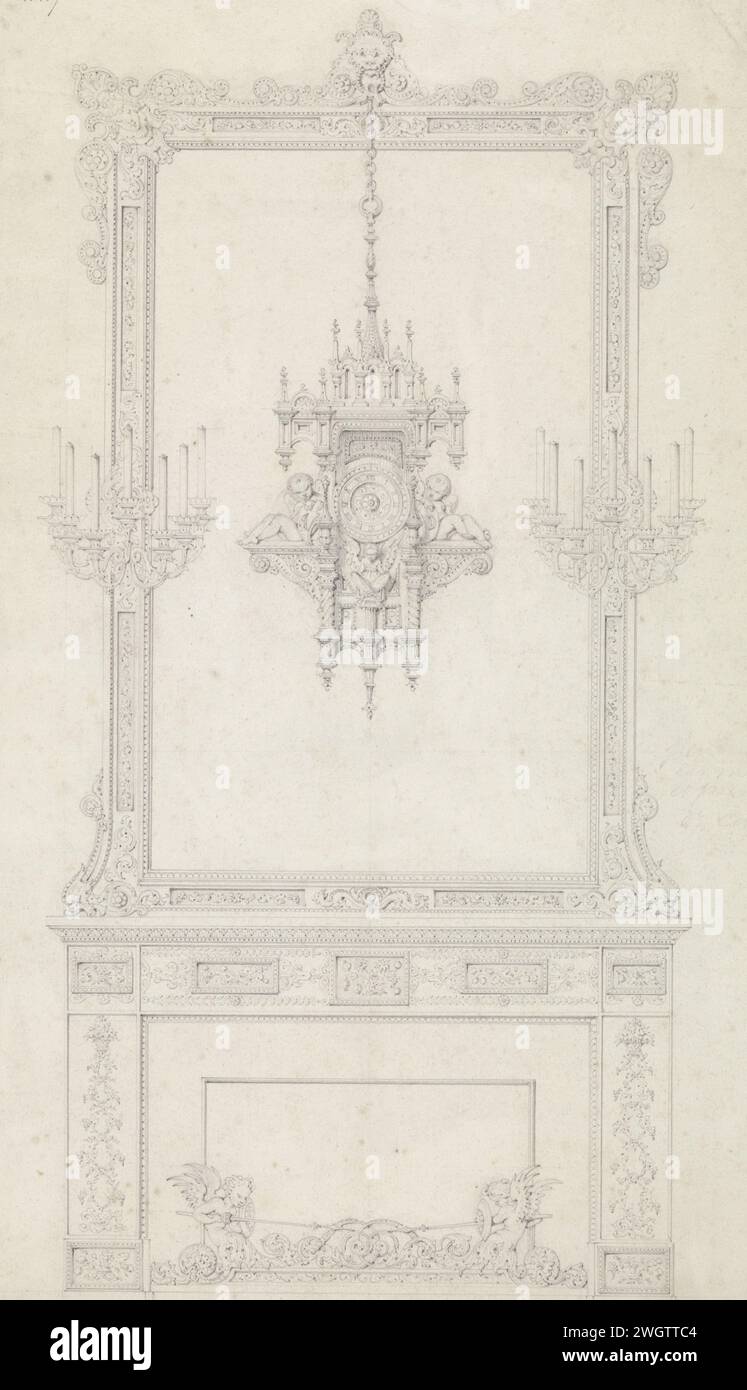 Design for a chimney with mirror, feu, wall arms and hanging clock, c ...