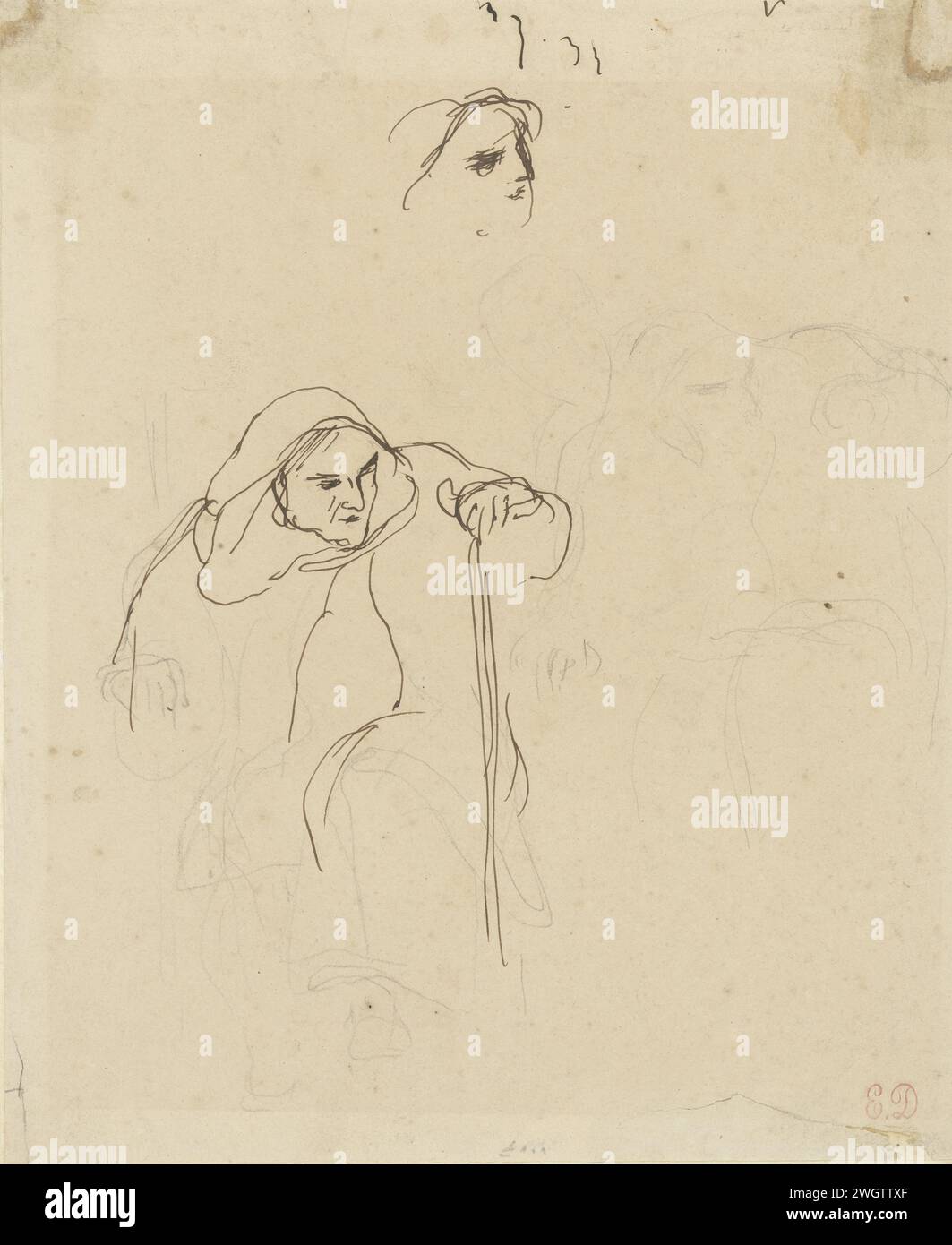 Studies of an old woman leaning on a stick, Eugène Delacroix, 1808 ...