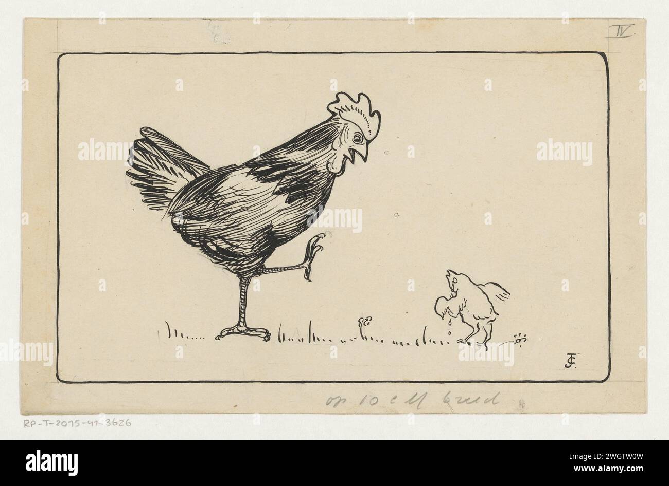 Two chickens, unknown, c. 1900 - c. 1940 drawing A chicken stretches ...