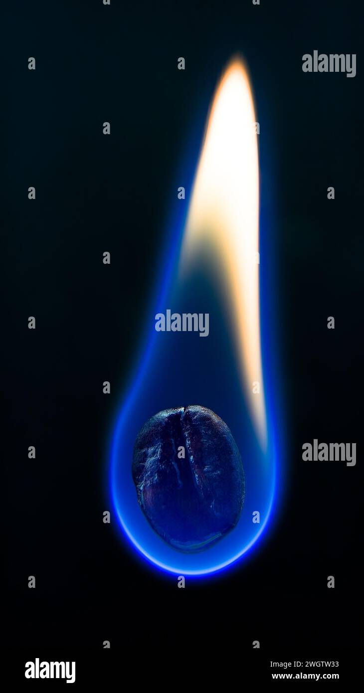 Coffee bean in fire on black background with copy space Stock Photo - Alamy