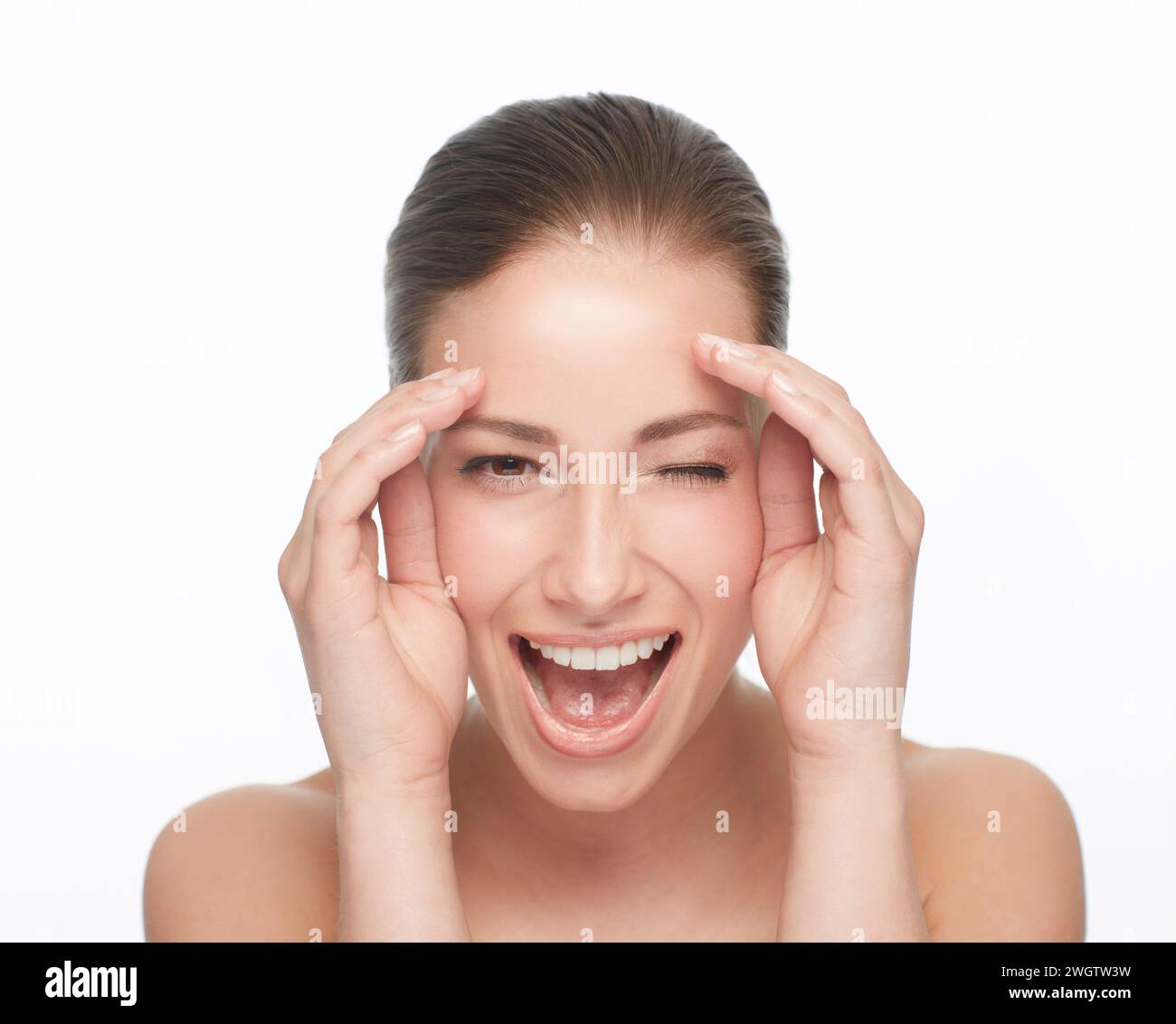 Portrait, happy and woman wink for skincare, flirt or natural beauty ...