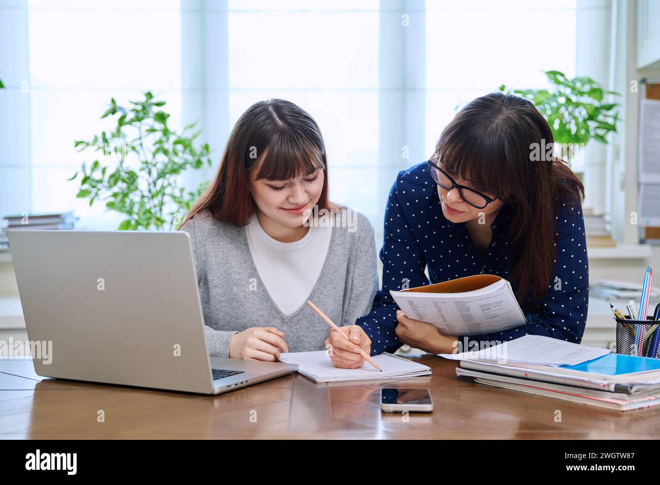 Teenage student studying at desk with computer, trainer mentor helping ...