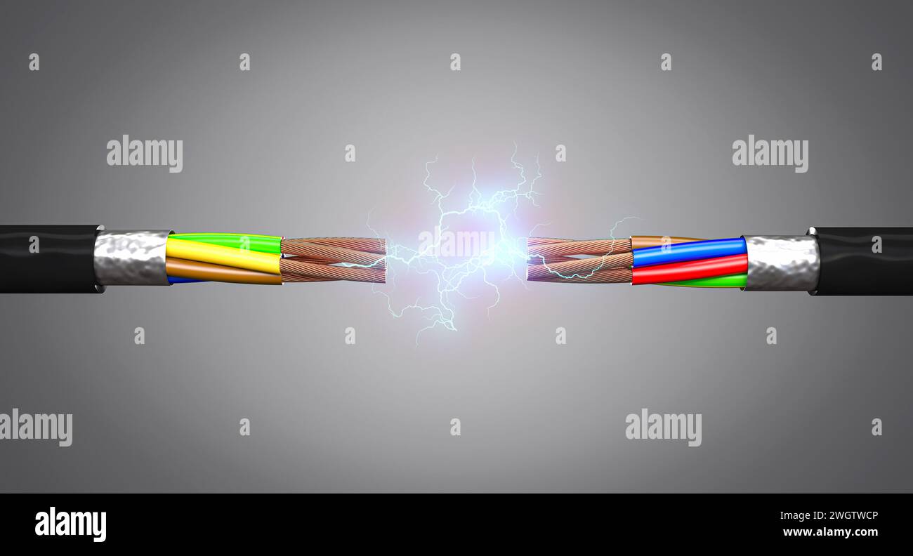 electrical current between two multi-wire copper cables. 3d render ...