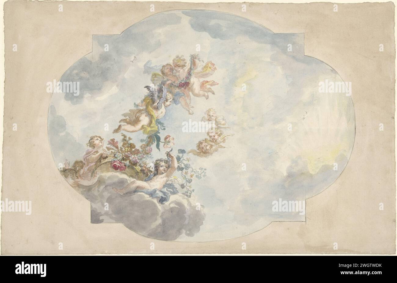 Design for a ceiling painting with putti, flowers and garlands, Elias ...