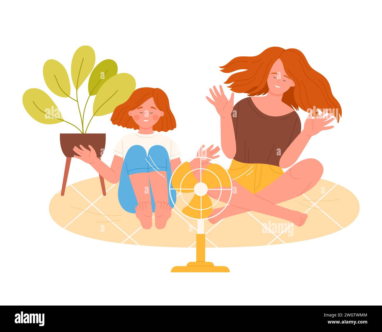 Happy woman with girl in front of fan. Electric fan device, fresh aer ...