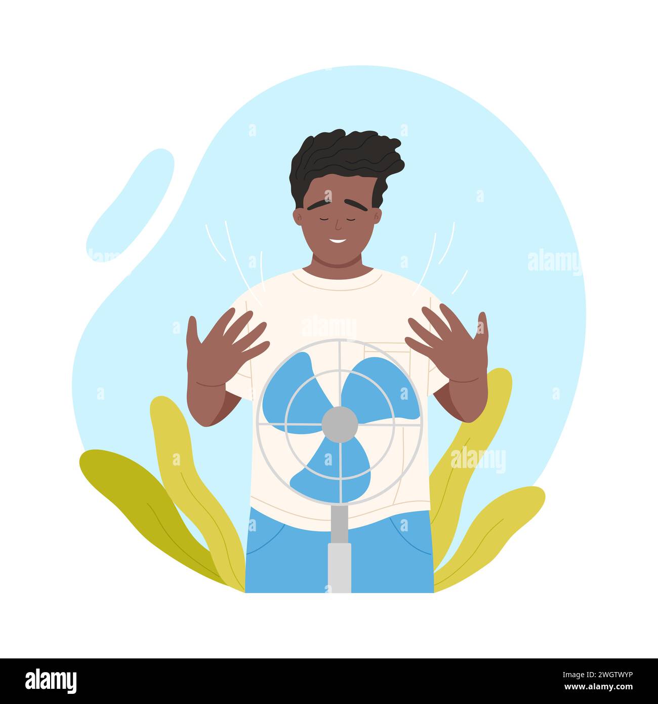 Guy standing in front of fan. Fresh air ventilation, cooling electric ...