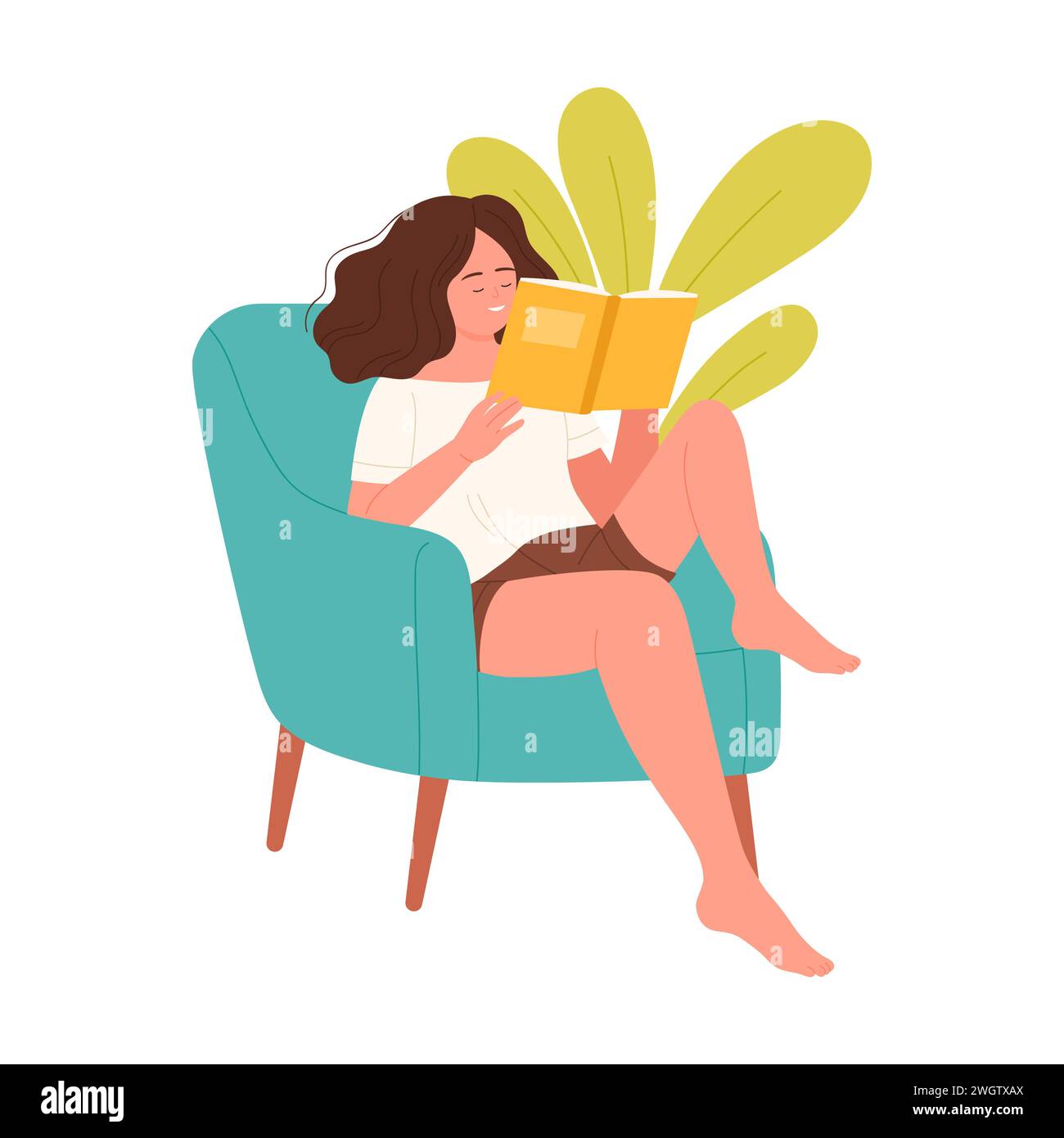 Young girl reading in armchair. Home interior comfort, fresh air ...