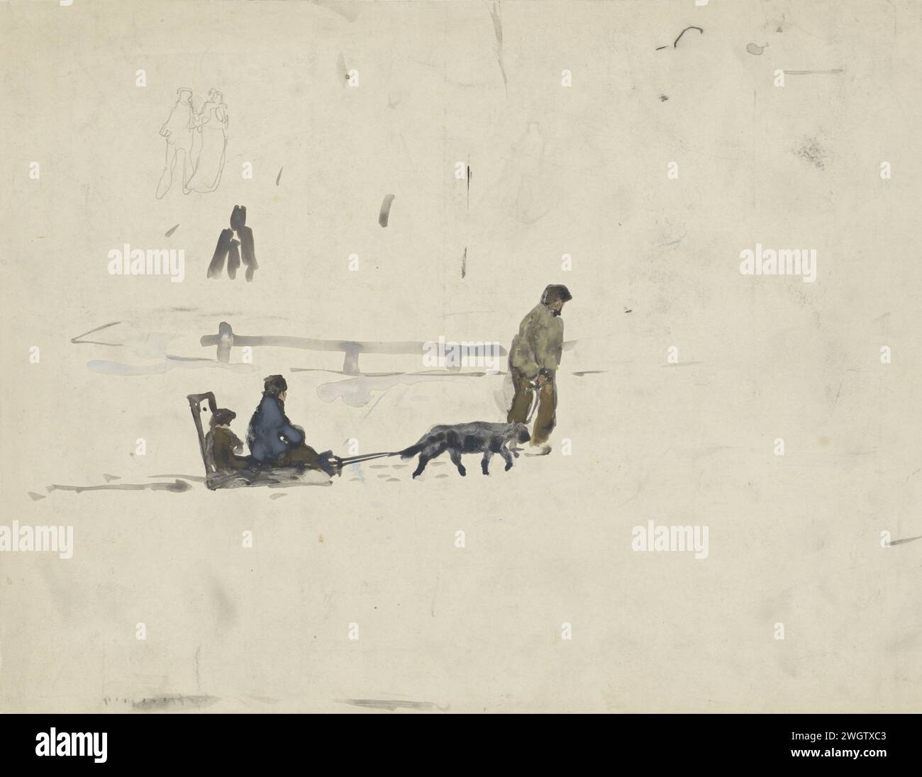 Sled with two children pulled by a man with dog, Adolf Le Comte, 1860 ...