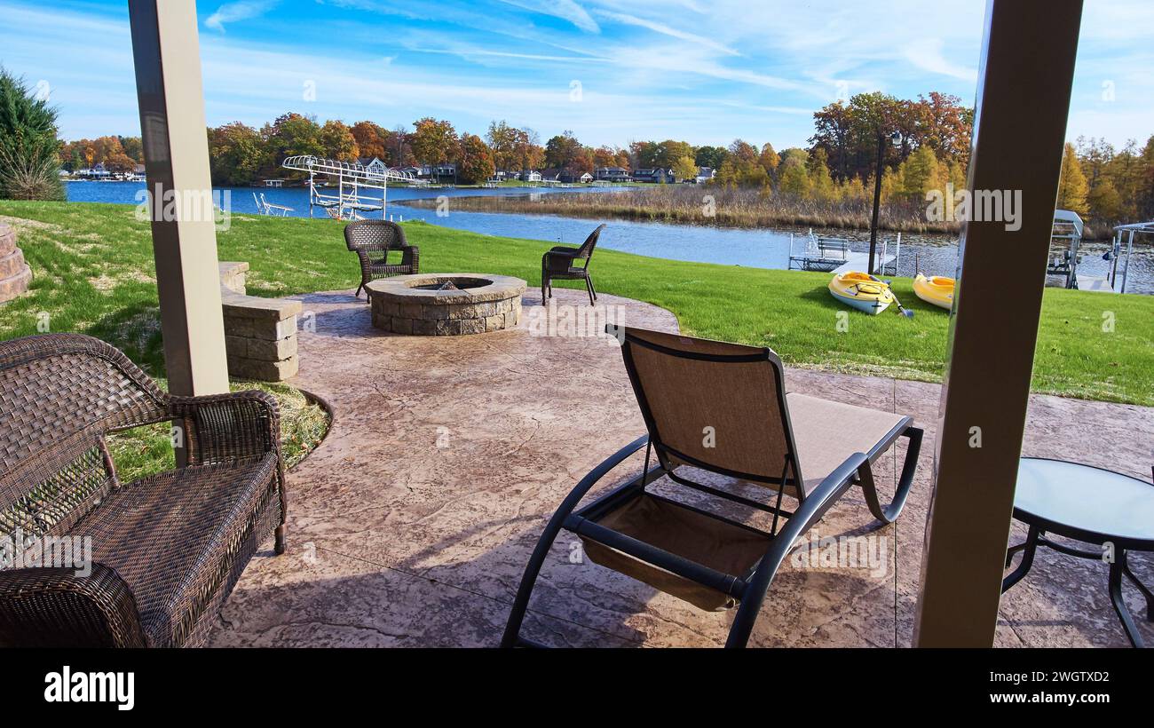 Aerial Lakeside Luxury Patio and Autumn Trees, Lake Jimmerson Stock ...