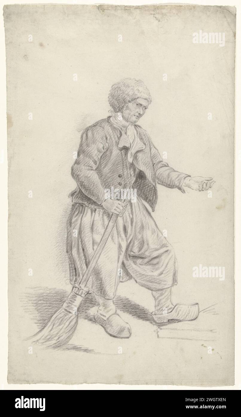 Standing man with fur hat, broom and outstretched hand, anonymous, 1700 - 1800 drawing Standing ...