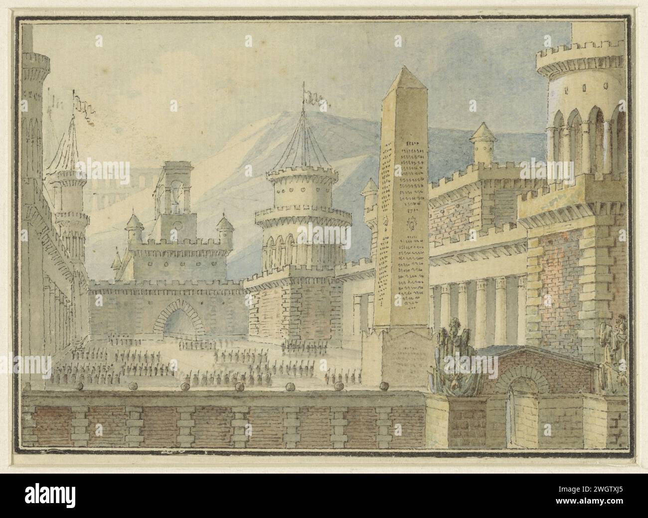 Court of a reinforced castle with obelisk, troops in the line, Alphonse ...