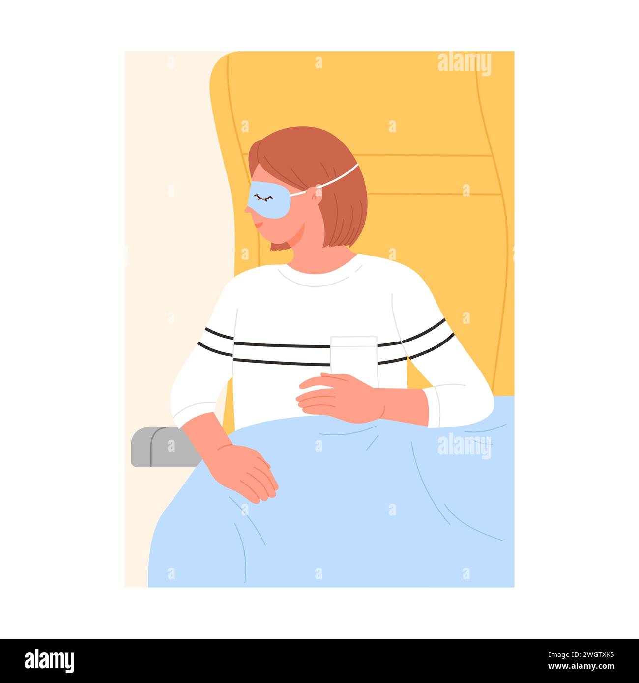 Female passenger sleeping on plane flight. Plane business class cartoon ...