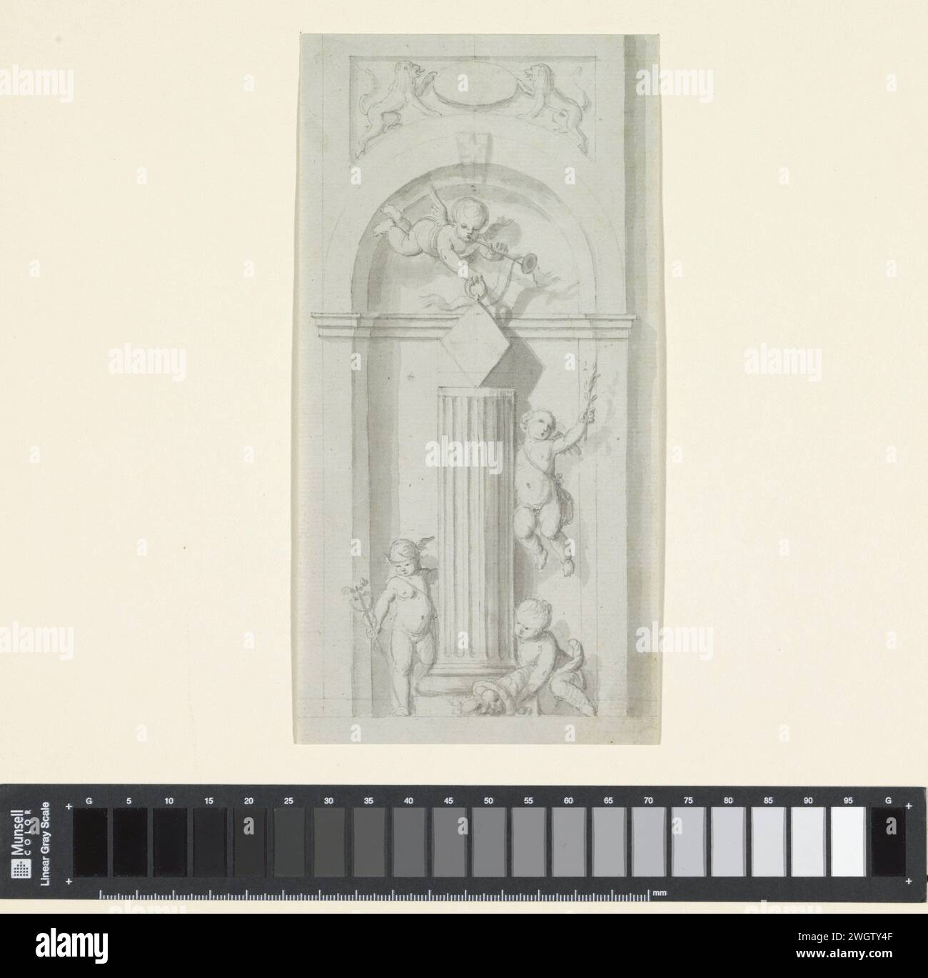 Burial monument with column and putti, anonymous, 1650 - 1800 drawing A ...