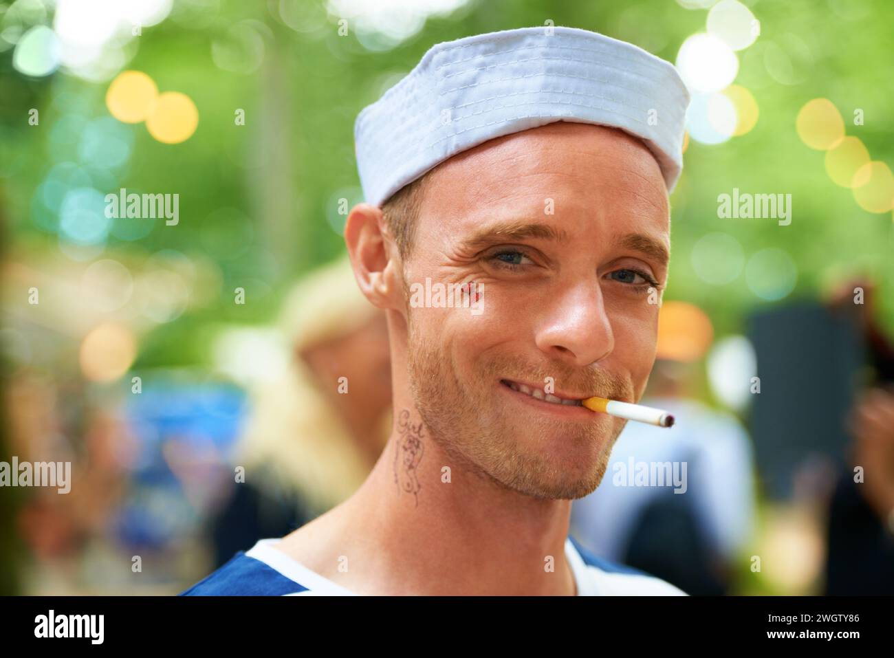 Portrait, smile and man with a cigarette, music festival and sailor ...