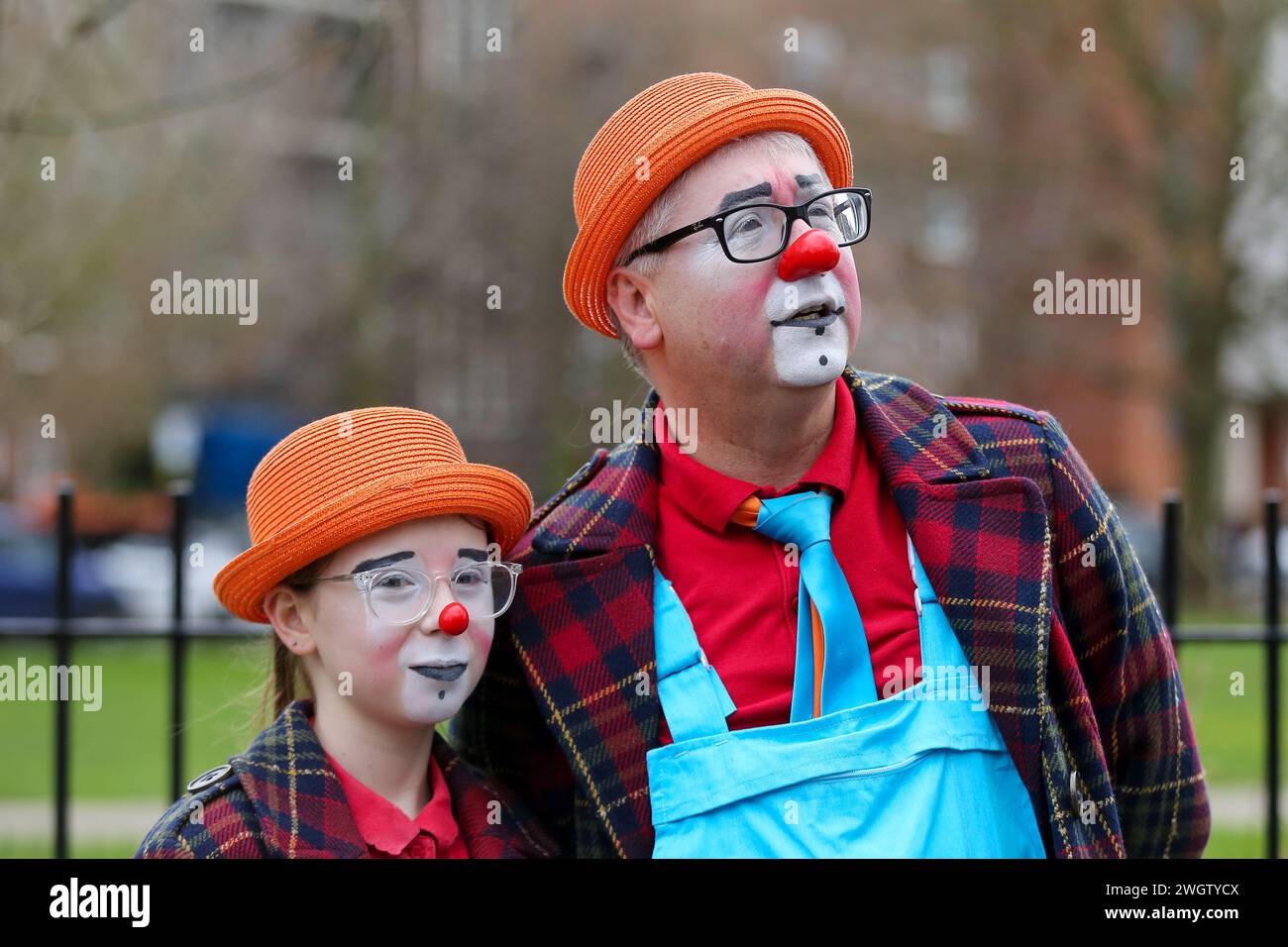 London, UK. 04th Feb, 2024. Clowns outside All Saints Church in east ...