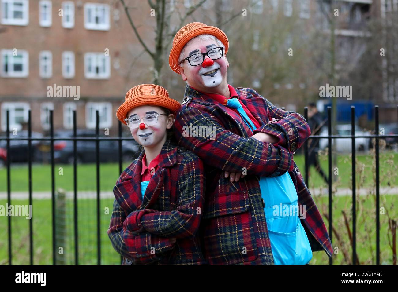 London, UK. 04th Feb, 2024. Clowns outside All Saints Church in east ...
