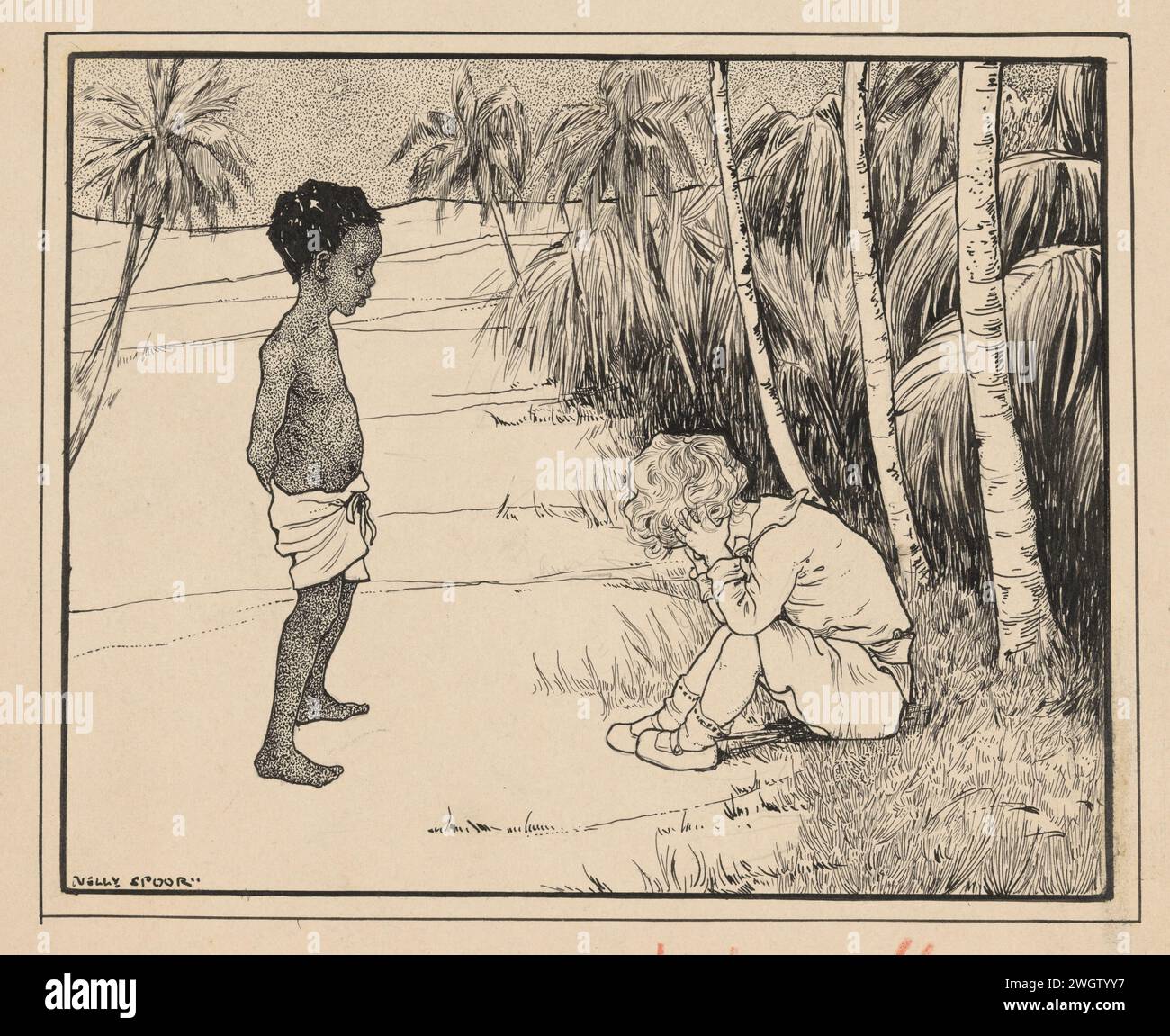 Two boys in a desert landscape, 1895 - 1950 drawing In a desert ...