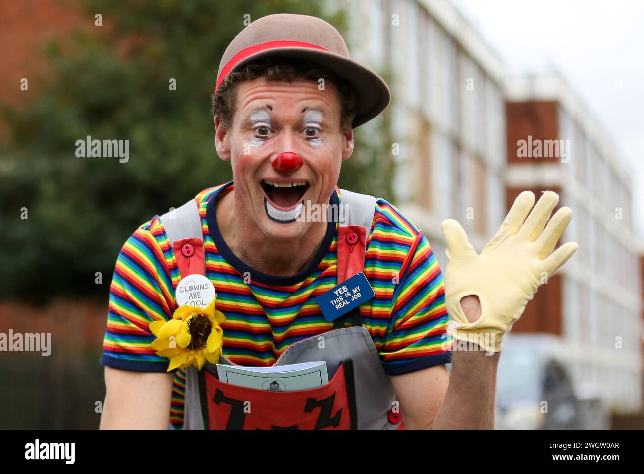 London, UK. 4th Feb, 2024. A clown arrives at All Saints Church in east ...