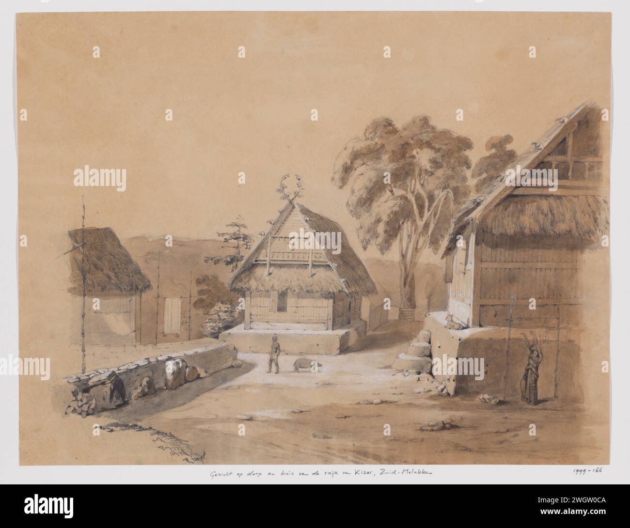 View of the village and house of the Raja van Kisar, South Moluccas, Adrianus Johannes Bik, 1821 ...