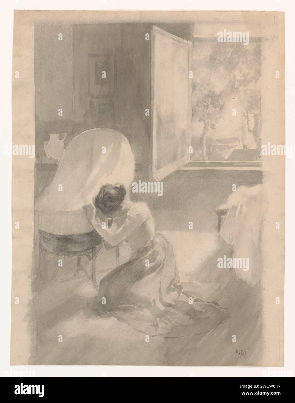 Mother at Wieg, Pieter de Josselin de Jong, 1871 - 1906 drawing paper ...