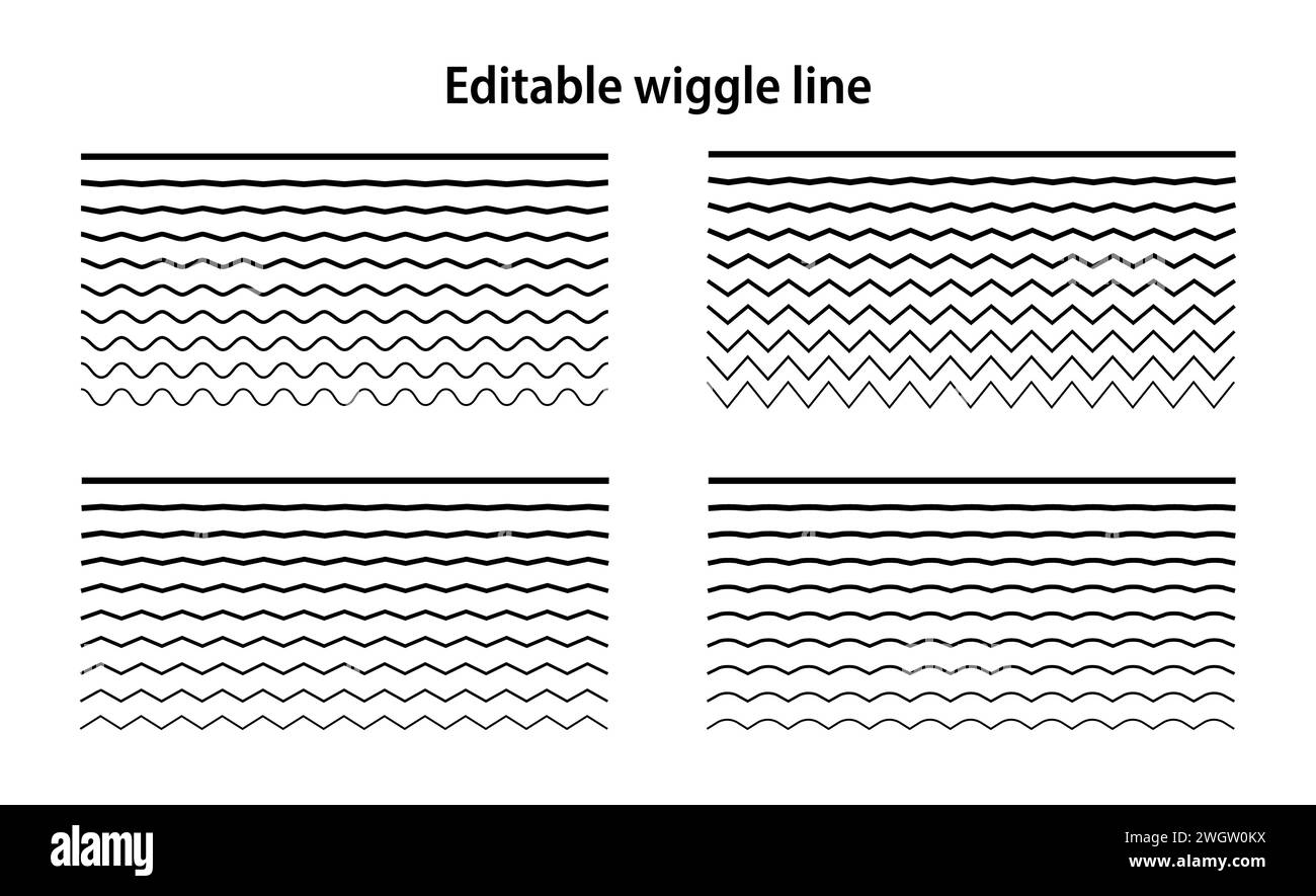 Editable wiggle lines. Set of wavy curves and zigzag intersecting horizontal strokes. Transition ...