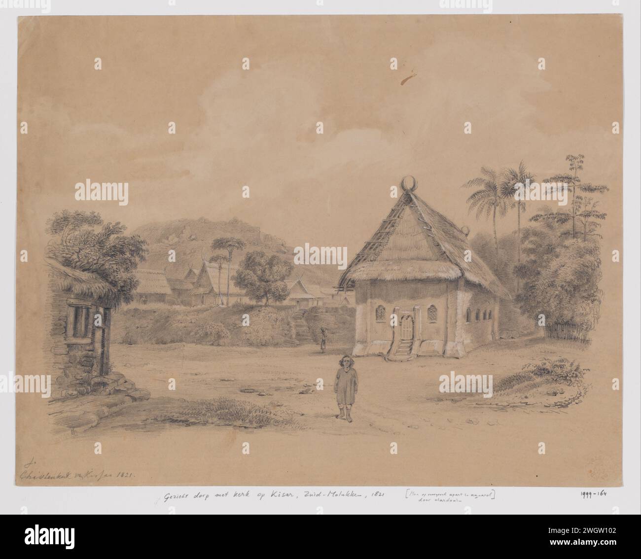 View of the village with church on Kisar, South Moluccas, Adrianus Johannes Bik, 1821 drawing ...