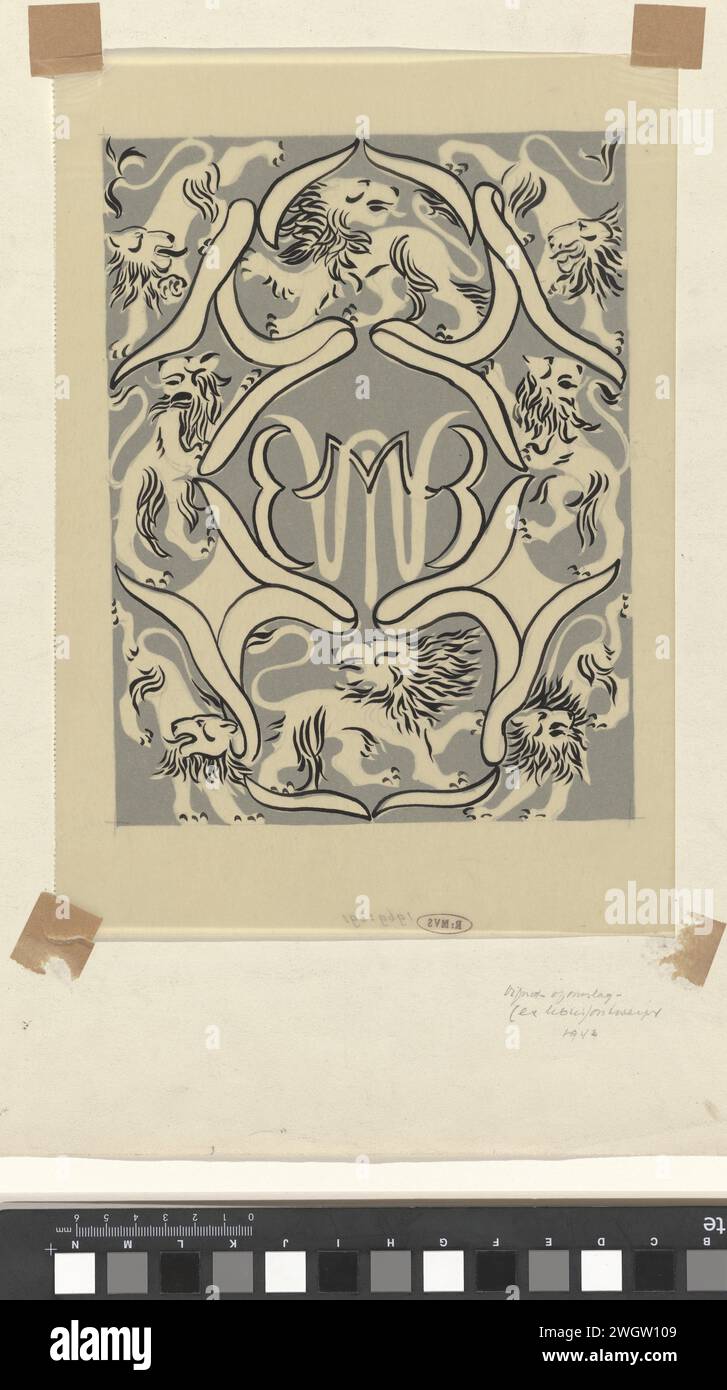 Design for an ex libris with monogram and lions, Carel Adolph Lion Cachet, 1874 - 1945 drawing ...