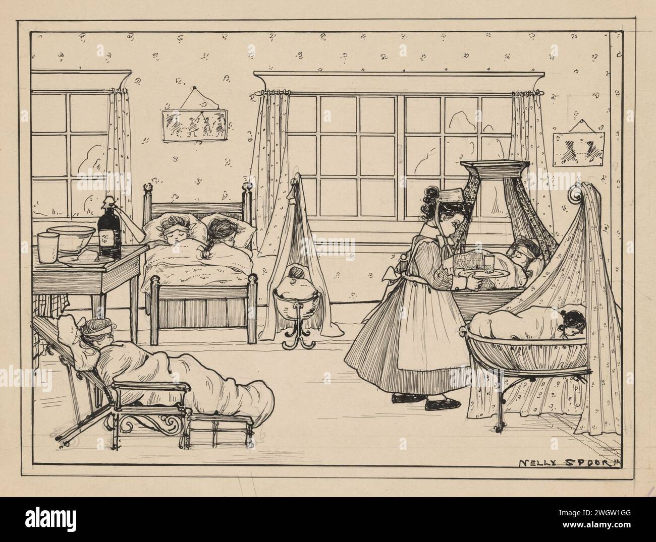 Children in a infirmary, 1912 drawing Children and babies lie in beds ...