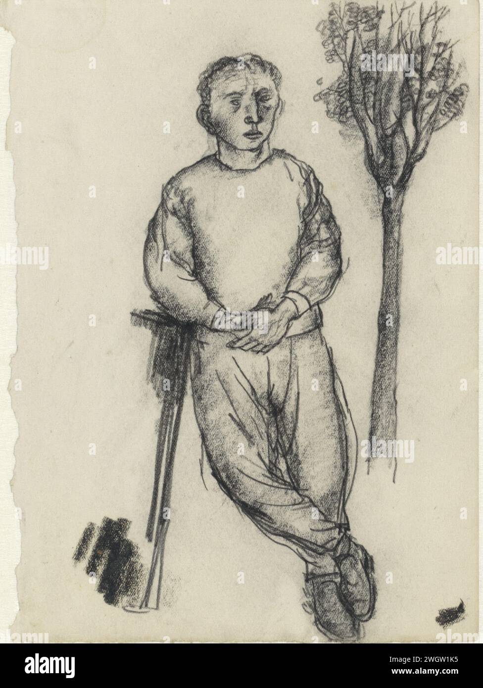 Standing man leaning on a shovel by a tree, Henk Henriët, c. 1929 ...